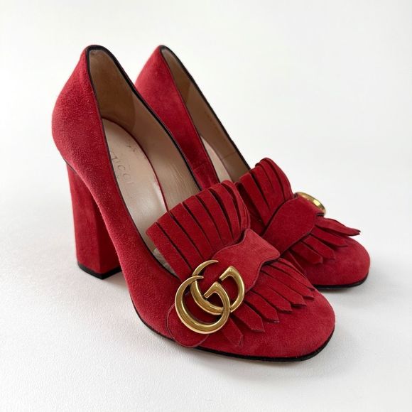 Gucci | Shoes | Gucci Marmont Red High Heel Loafer 36 Us 6 Kiltie ...